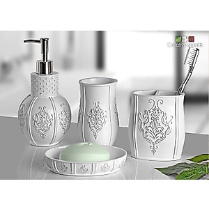 Creative Scents Bathroom Accessories Set - 4 Piece Vintage White Bathroom Set - Farmhouse French Country Bathroom Accessory Set Features: Soap Dispenser, Toothbrush Holder, Tumbler & Soap Dish