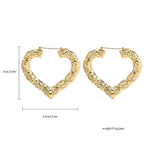 3 Pairs Gold Tone Large Bamboo Style Hoop Earrings for Women Round Circle Statement Hip-Hop Earrings-heart