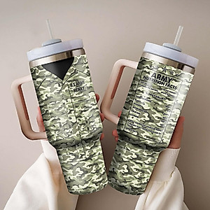 WAZONE Personalized Army Nutrition Facts Tumbler 40oz with Handle and Straw Custom Name Travel Cup Mug Camouflage Pattern Veteran Insulated Stainless Steel Gifts For Veterans Day Military Men