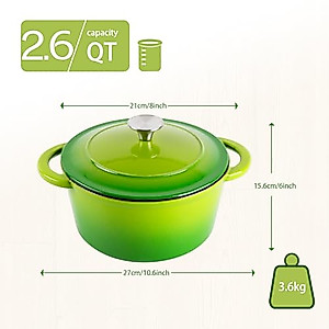 2.6 ​QT Enameled Dutch Oven Pot with Lid, Cast Iron Dutch Oven with Dual Handles for Bread Baking, Cooking, Non-stick Enamel Coated Cookware (Apple Green)