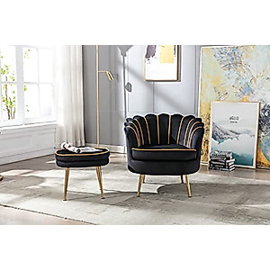 Modern Velvet Accent Chair with Ottoman Set, Upholstered Tufted Barrel Chair Leisure Chair with Footrest and Metal Legs for Living Reading Room Bedroom Office (Black)