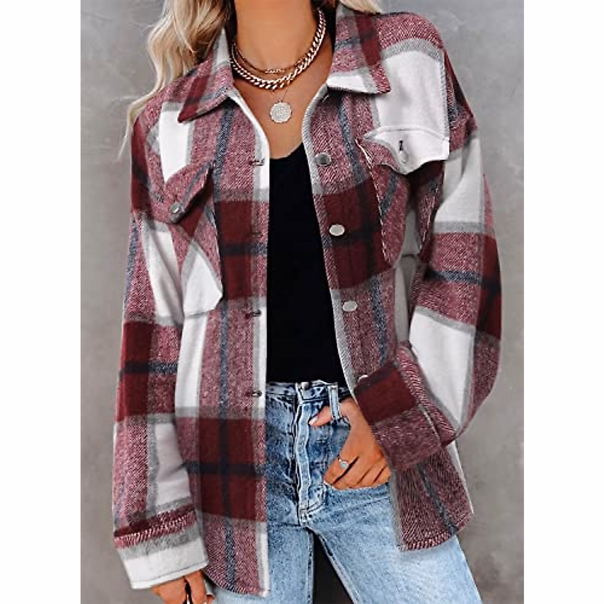 ZOLUCKY Women Flannel Shacket Plaid Button Down Shirt Lapel Collar Long Sleeve Oversized Blouse Top, Red and White Small
