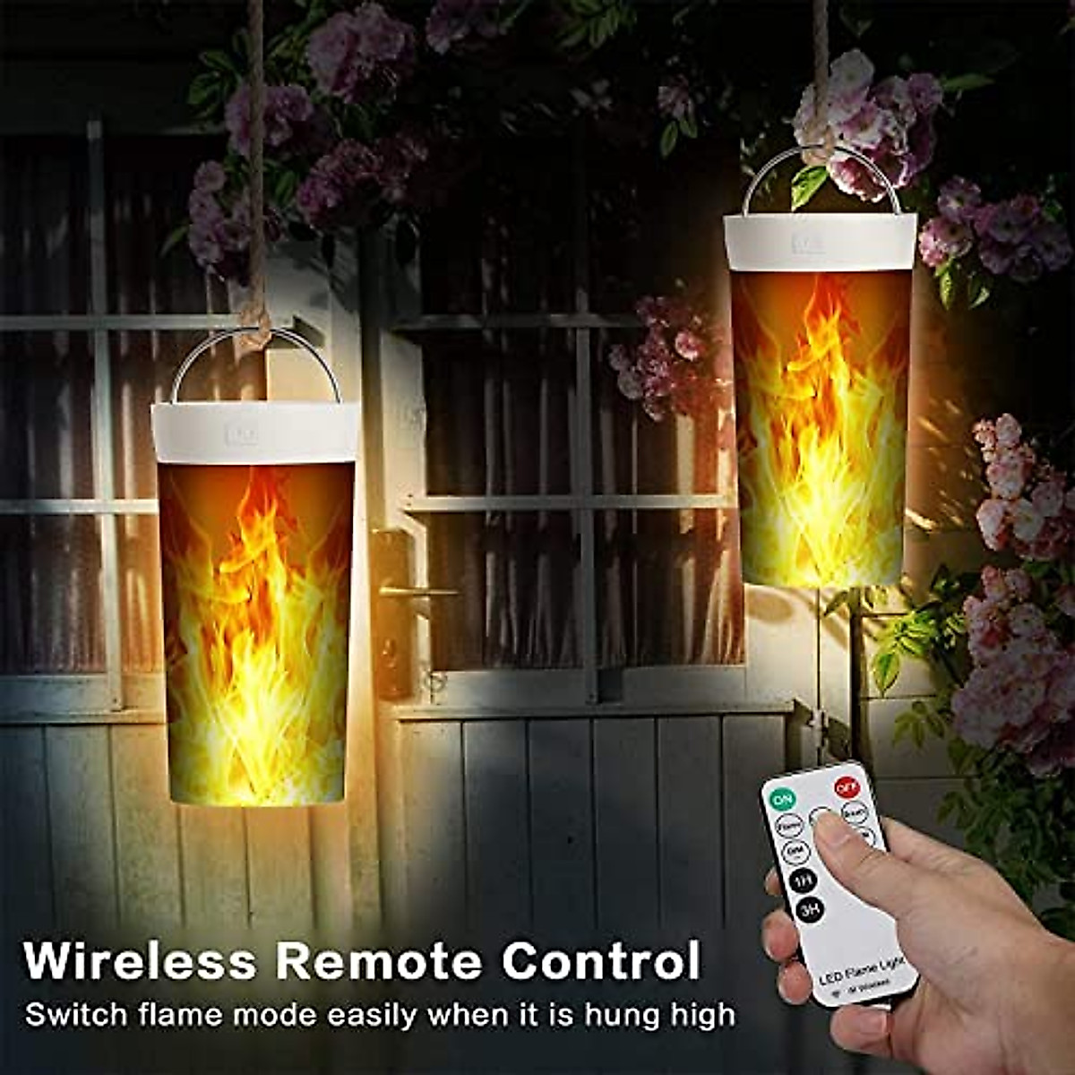 LED Flame Lights, Battery Operated Flameless Candles, Flickering Fake Fire Lamps with Remote Control and Timer, Waterproof Outdoor Flame Lights with Gravity Sensing for Fireplace/Party/Garden/Bar