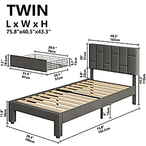 LIKIMIO Twin Bed Frame with XL Under-Bed Drawer, Platform Upholstered with Headboard, No Box Spring Needed/Noise-Free, Grey