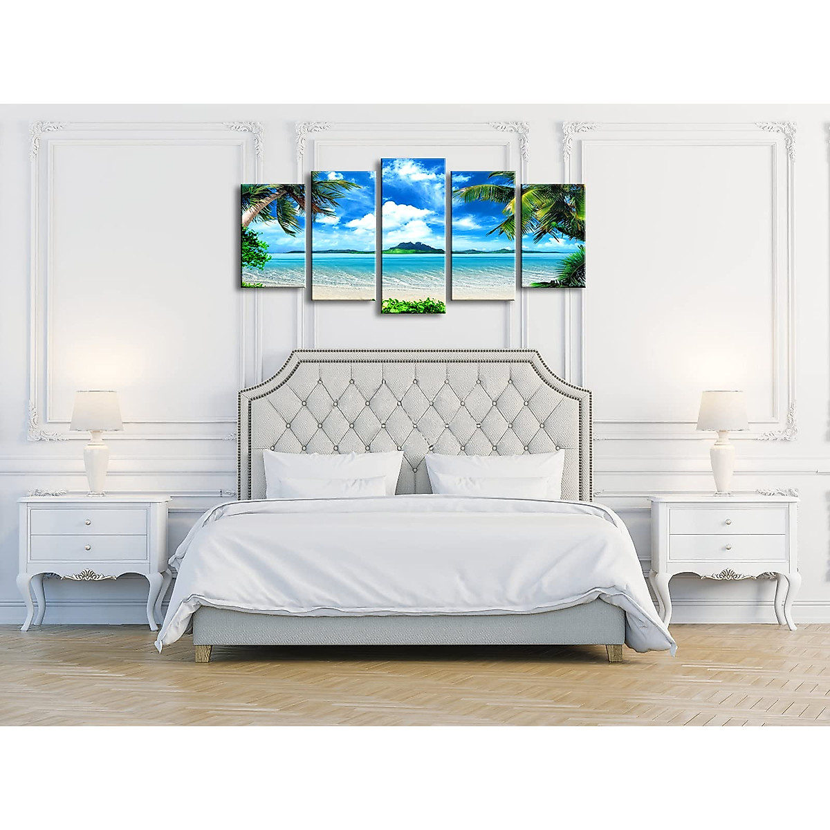 Pyradecor Modern 5 Panels Blue Sea Beach Pictures Paintings on Canvas Wall Art Stretched Contemporary Landscape Ocean Canvas Prints Artwork for Bedroom Home Decorations
