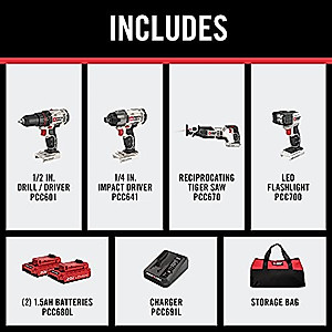 PORTER-CABLE 20V MAX* Cordless Drill Combo Kit, 4-Tool (PCCK615L4) , Grey