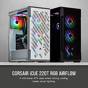Corsair iCUE 220T RGB AIRFLOW Tempered Glass Mid-Tower Smart ATX Case - High Airflow - Three Included SP120 RGB PRO Fans - Black