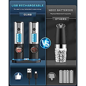SoulFox Electric Salt and Pepper Grinder Set with USB Rechargeable - No Battery Needed - One Handed Operation - White Light - Adjustable Coarseness Automatic Electronic Spice Mill Shakers Refillable