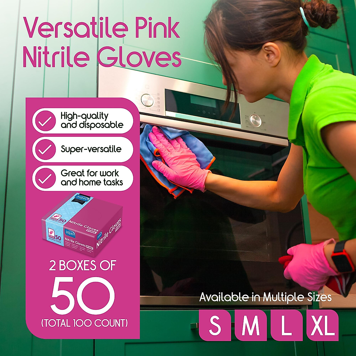 Inspire Pink Disposable Latex Free Nitrile Gloves - 2 Pack Value | Nail Salon & Hair Dye Gloves | Large