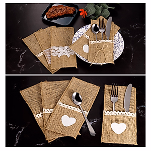 uxcell Burlap Lace Utensil Holders, 20Pcs Knife Forks Napkin Silverware Holder Bag Cutlery Pouch for Wedding Dinner Decor