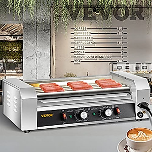 VEVOR Hot Dog Roller, 12 Hot Dog Capacity 5 Rollers, 750W Stainless Steel Cook Warmer Machine with Dual Temp Control, LED Light and Detachable Drip Tray, Sausage Grill Cooker for Kitchen Restaurant
