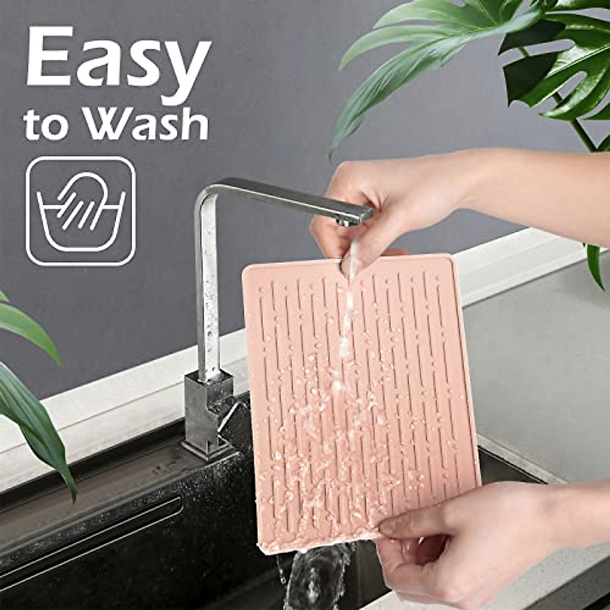 GeeRic Dish Drying Mats, Heat-resistant Silicone Mat for Kitchen Counter, Non-Slip Dish Dry Mat Dishwasher Safe Large, Pink