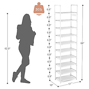 LANTEFUL 10 Tiers Tall Shoe Rack 20-25 Pairs Boots Organizer Storage Sturdy Narrow Shoe Shelf for Entryway, Closets with Hooks, White