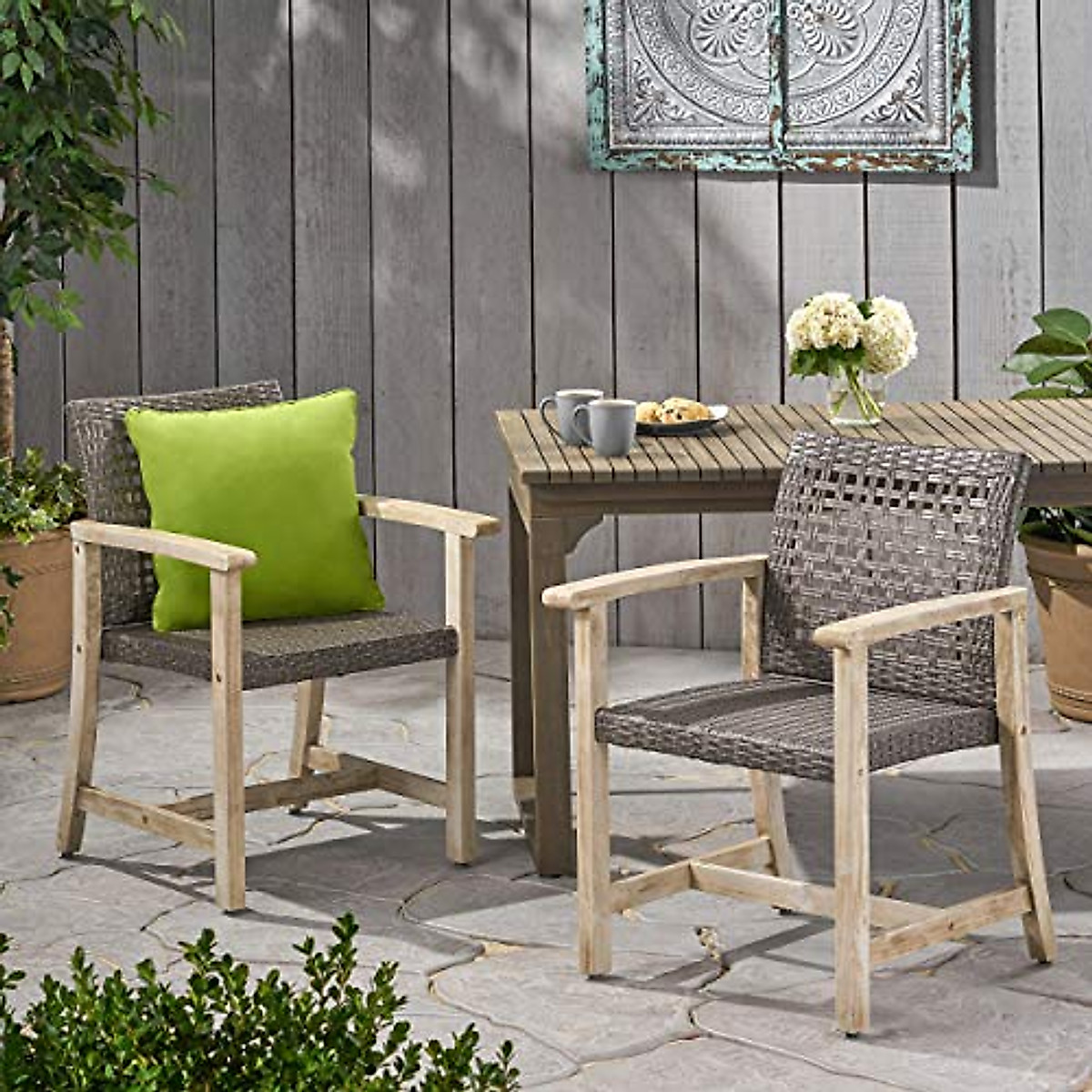 Eartha Outdoor Acacia Wood and Wicker Dining Chair (Set of 2), Light Gray Wash and Mix Black