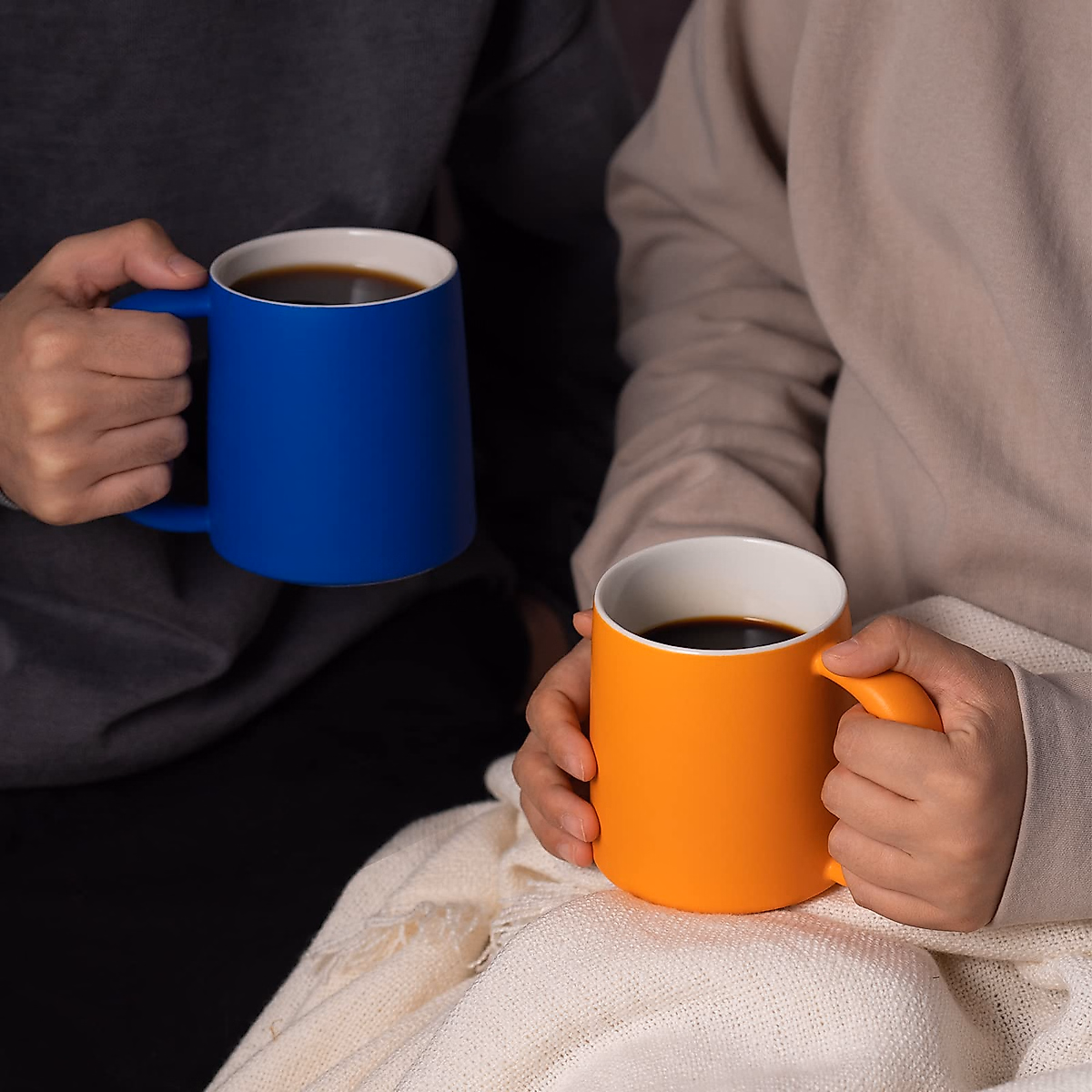 E-liu Big Coffee Mug Set of 2, Large Handle 16 Oz Blue Orange Combo Ceramic Mugs, Valentines Day Gifts Gift Mug for Latte, Cappuccino, Tea, Coffee Lovers Couples Mugs