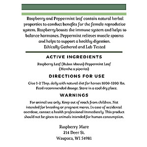 Hormone and Calming Supplement for Horses All Natural Pure Raspberry and Peppermint Leaf Herbal Blend 14 oz.