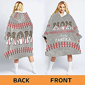 Baseball Mama Leopard Lace Mom Grey Personalized Sherpa Blanket Hoodie Wearable Blanket Oversized Hoodie Blanket Gift for Adult Women Men Teens