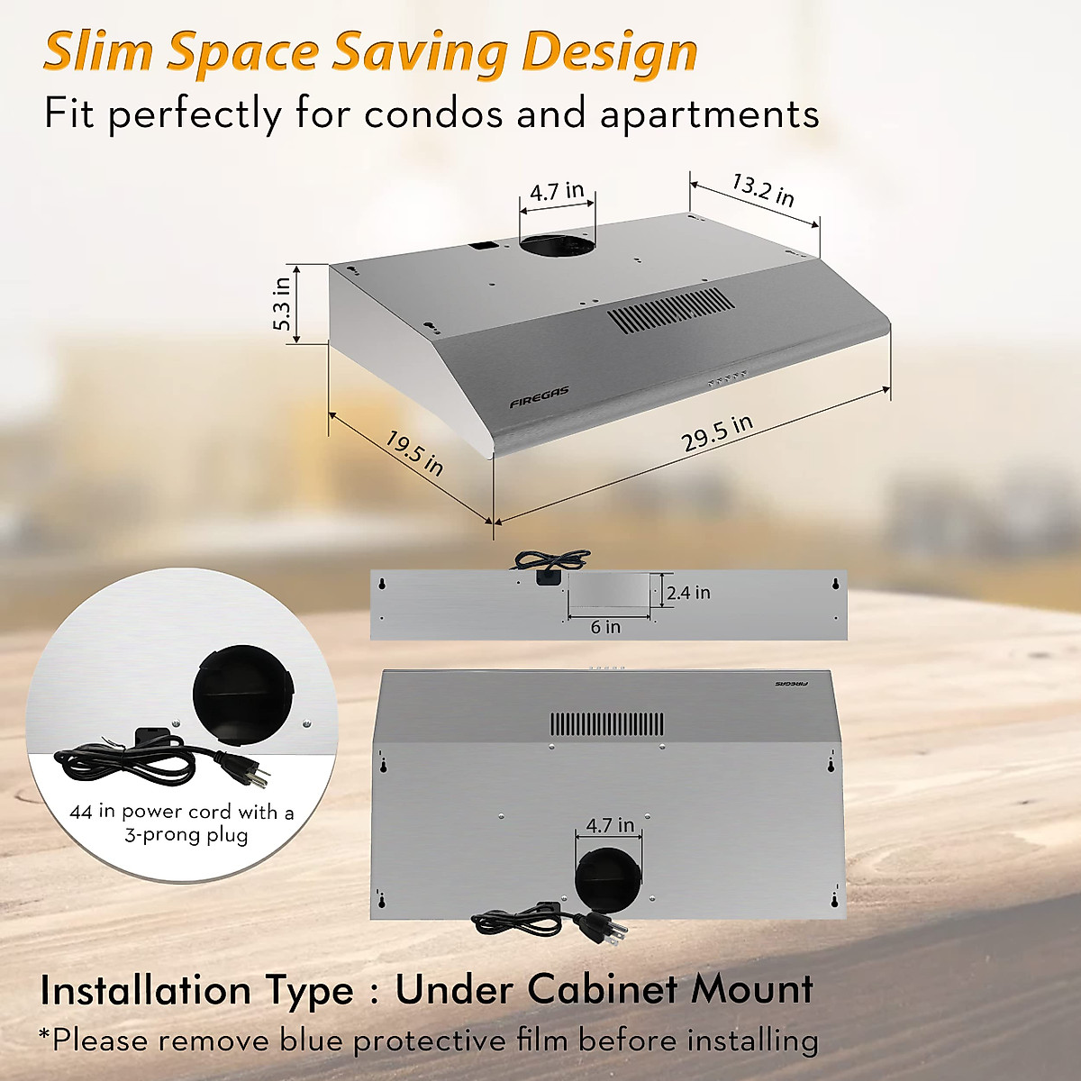 FIREGAS Under Cabinet Range Hood 30 inch, Ducted/Ductless Convertible Kitchen Hood Over Stove Vent, LED Light, 3 Speed Exhaust Fan, Reusable Aluminum Filters, Push Button, with Charcoal Filter