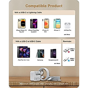 USB-C iPhone Fast Charger,PD 3.0 35W Dual USB-C Port Power Adapter,Cell Phone Wall Charger+USB-C to USB-C/Lightning Cable,Compatible with iPhone 14/13/12/11 /Pro/Max/Se/X/Xr/Xs/8 /8plus /iPad…