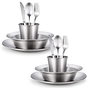 Odoland Bundle - 2 Items Folding Campfire Grill and Complete Messware Kit Polished Stainless Steel Camping dinnerware