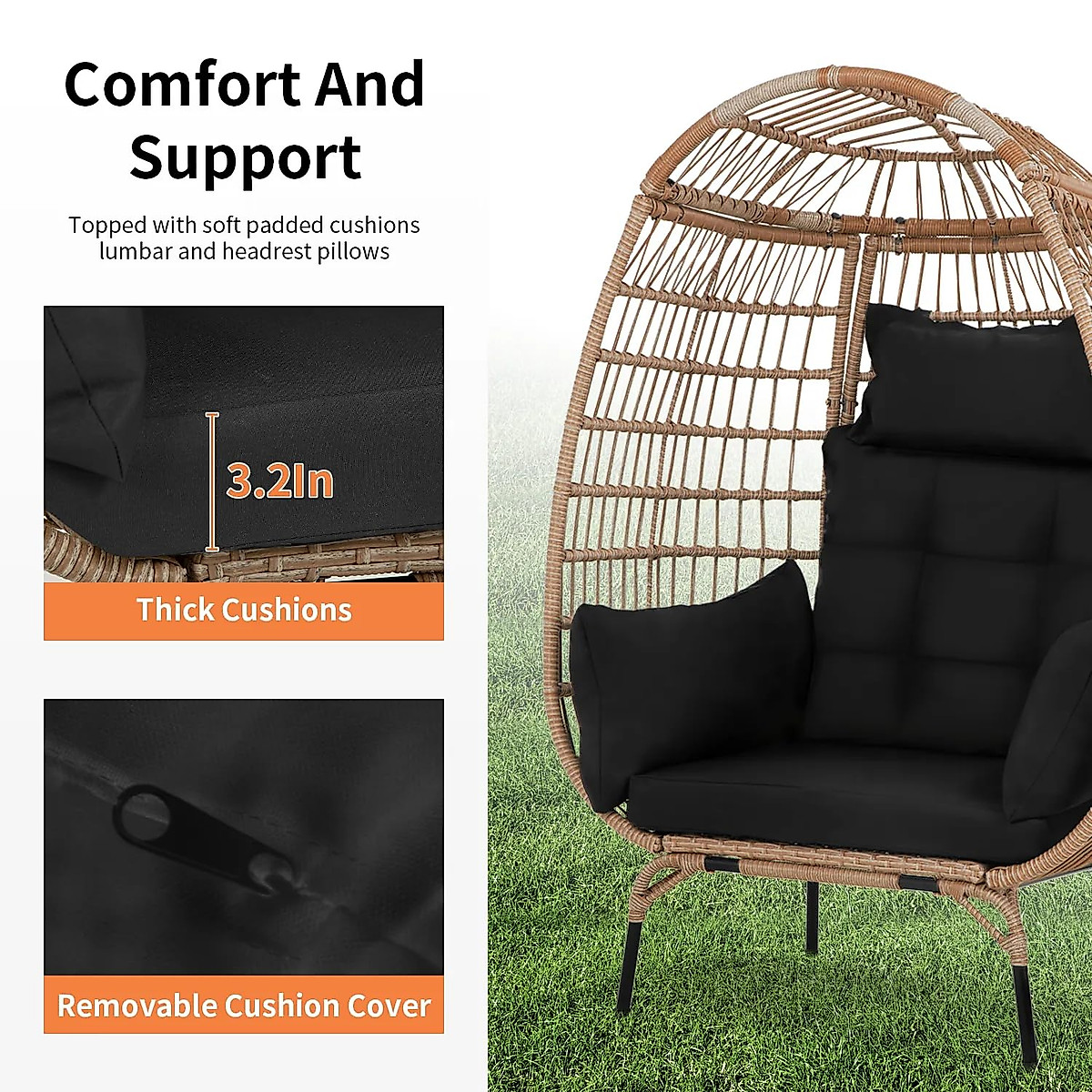 PIKAQTOP Egg Chair, Oversized Indoor Outdoor Lounger Chair for Patio, Backyard, Living Room w/ 4 Cushions and Stand, Steel Frame, 350lb Capacity, Black