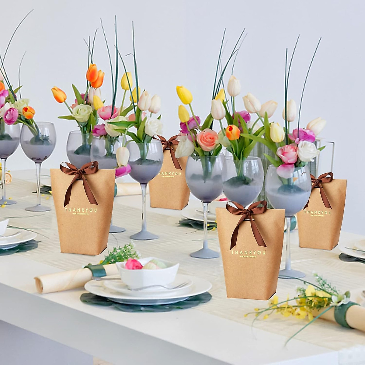 Frcctre 40 Pack Thank You Gift Bags with Ribbons, 3.1"X2.3"X 6.5" Kraft Paper Gift Wrap Boxes Party Favor Treat Bags Goody Bags Candy Cookie Bags for Wedding Bridal Shower Birthday Party