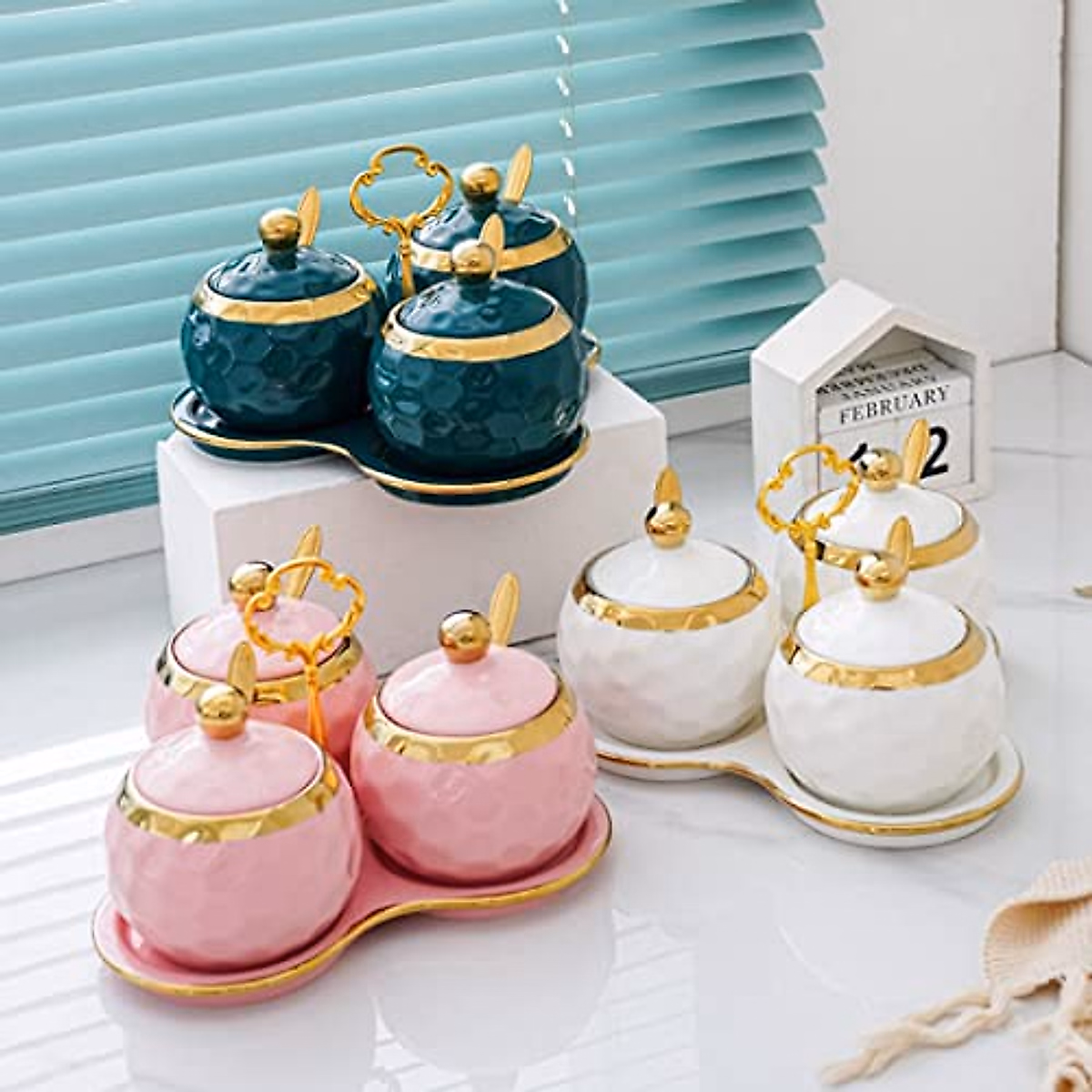 Buric Porcelain Condiment Jar, 3pcs Spice Container Set with Spoon and Tray for Sugar Bowl Serving Tea, Coffee, Spice (White)