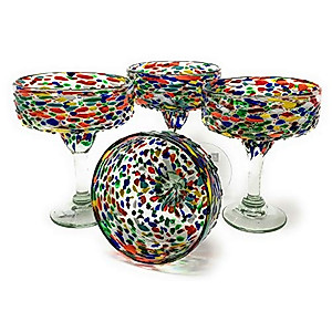 Dos Sueños Mexican Hand Blown Glass – Set of 4 Hand Blown Margarita Glasses Confetti Rock (16 oz) …