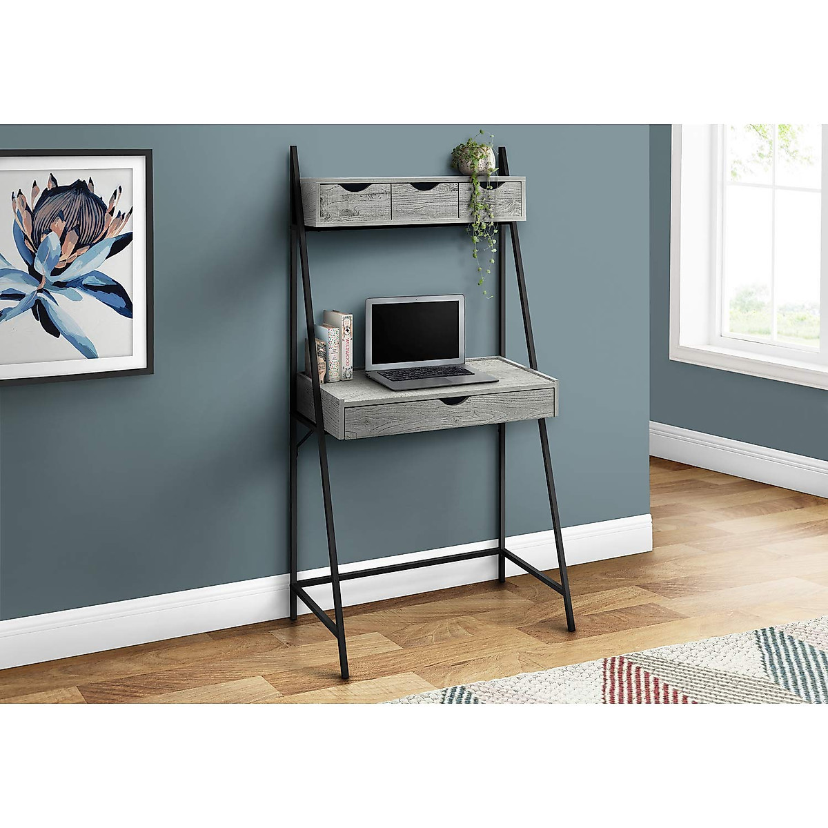 Monarch Specialties 7331 Computer Desk, Home Office, Laptop, Leaning, Storage Drawers, 32" L, Work, Metal, Laminate, Grey, Black, Contemporary, Modern Desk-32, 31.5" L x 19" W x 61.25" H