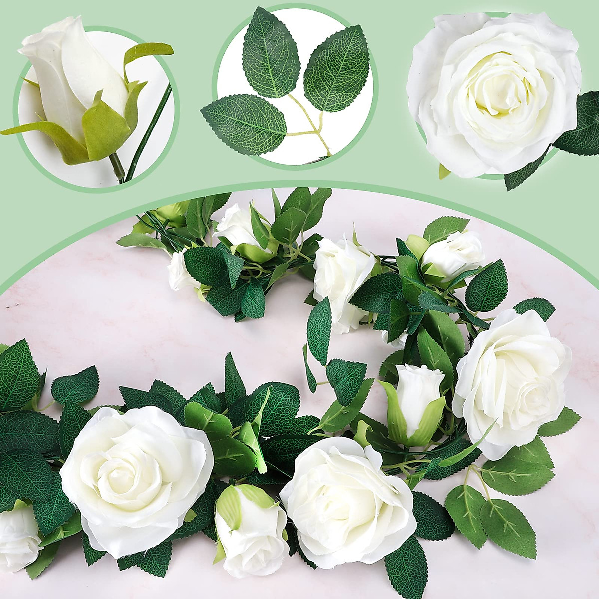 COCOBOO 26.2ft 4pcs White Rose Garland, Artificial Flower Vines, Fake Silk White Rose Garland, Hanging Floral Garland for Wedding Arch Ceremony Home Garden Outdoor Wall Decorations
