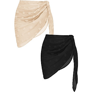 Ekouaer 2 Pcs Sarong Coverups for Women Beach Wrap Skirt Chiffon Swimsuit Coverup for Swimwear Black/Apricot Dot,Medium