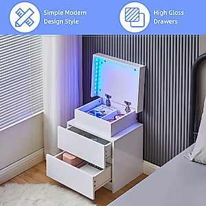 OFCASA Nightstand Set of 2 with LED Light Modern Bedside Table with 2 High Gloss Drawers Smart Night Stand for Bedroom and Living Room（White）