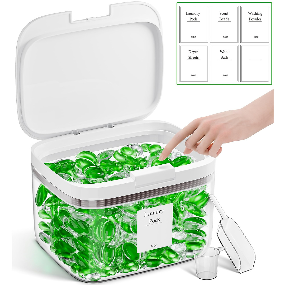 Hordely 94OZ Laundry Pods Container, Clear Dishwasher Pod Container Holder Storage Dispenser, Laundry Room Organization for Dryer Sheet/Powder with Scoop and Labels, Plastic