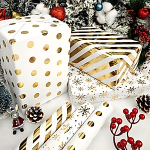 LDGOOAEL Mini Short Small Christmas Wrapping Paper Roll (17" X 120") - Gold Foil Snowflakes Stripe Polka Dot Design for Holiday, Birthday