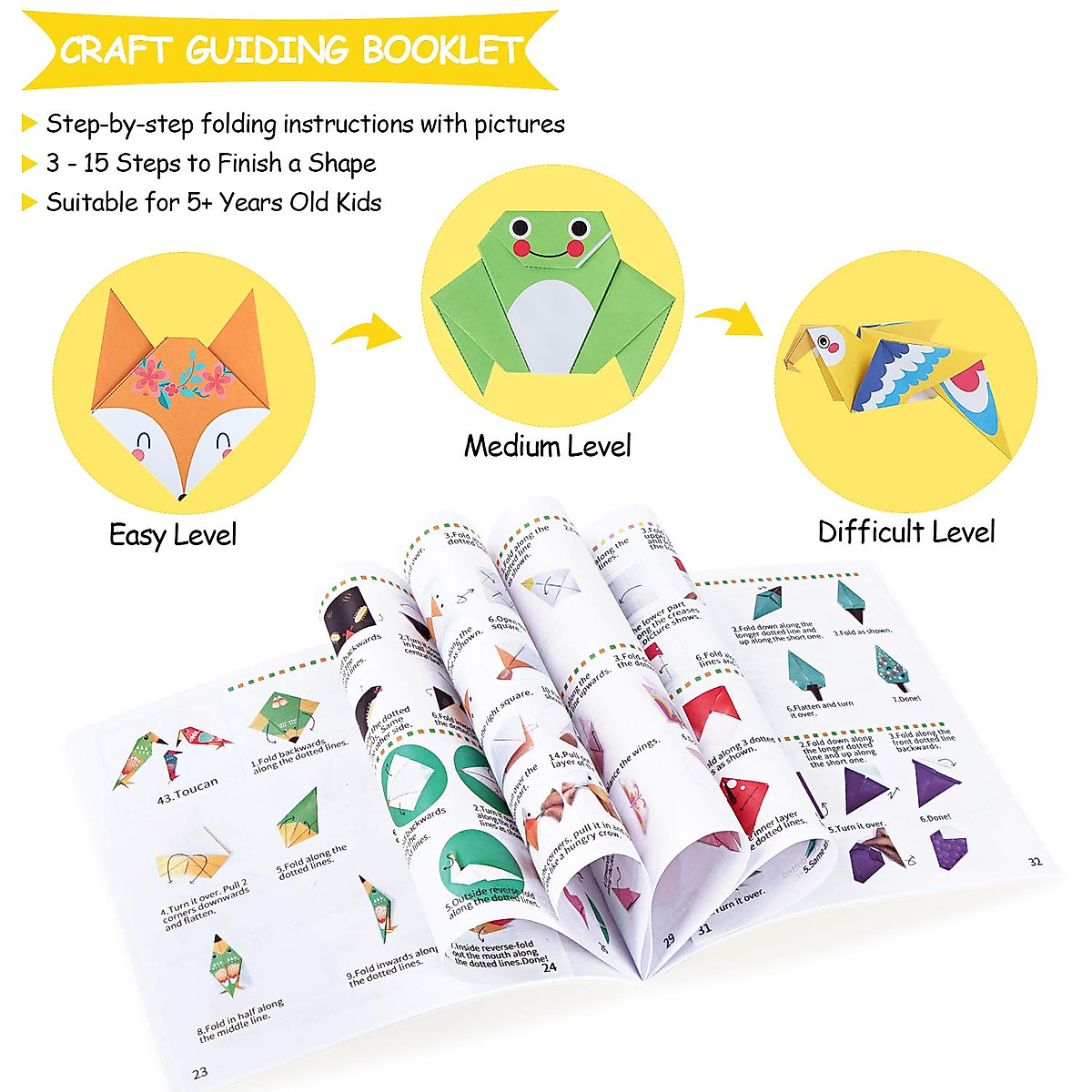 Origami Paper for Kids, 300 Sheets Colorful Origami Paper Kit 5.5Inch, 100 Origami Projects & Easy Origami Book Origami Kit for Kids, Creativity Training & Brain Development Origami Set for Kids