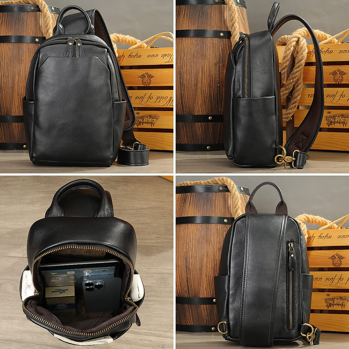 NIUCUNZH Soft Genuine Leather Crossbody Sling Bag Lightweight One Shoulder Small Backpack with Wide Comfortable Leather Strap Black