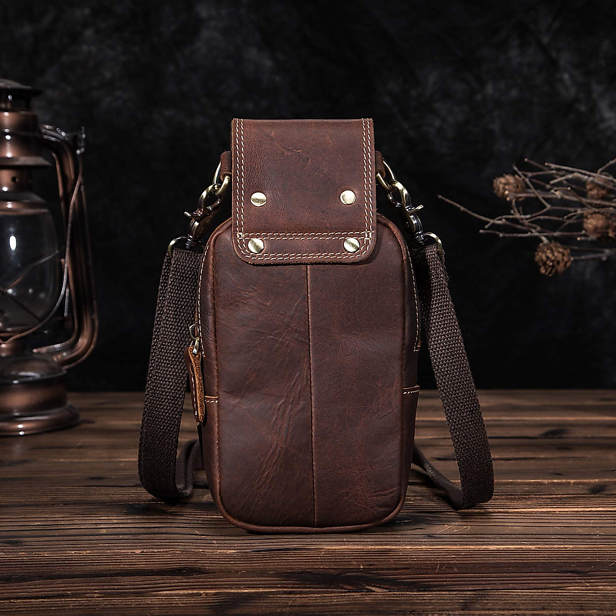 Le'aokuu Mens Genuine Leather Coffee Fanny Small Messenger Shoulder Satchel Waist Bag Pack (V832 DB)