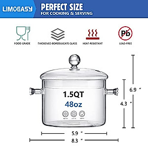 LIMOEASY Glass Pots for Cooking on Stove, 1.5 Quart Clear Pots for Cooking, Simmer Pot for Stove Potpourri, Glass Saucepan with Cover, Heat-Resistant Glass Cookware for Pasta, Soup, Milk, Baby Food