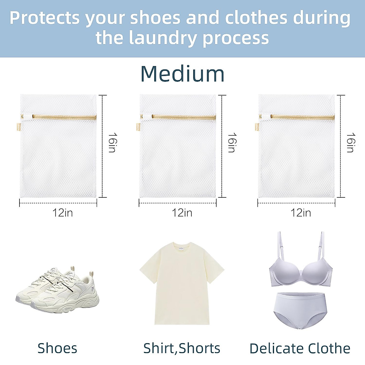 Prezon Mesh Laundry Bags, Washing Machine Wash Bags, Reusable and Durable Mesh Wash Bags for Delicates Blouse, Hosiery, Underwear, Bra, Lingerie Baby Clothes - 3M（12 x 16 Inches）