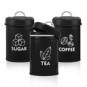 E-far Canister Sets for Kitchen Counter, 3-Piece Metal Coffee Sugar Tea Canister with Airtight Lid for Food Storage, Farmhouse Style & Small Size (6.1” x 4”)-Black
