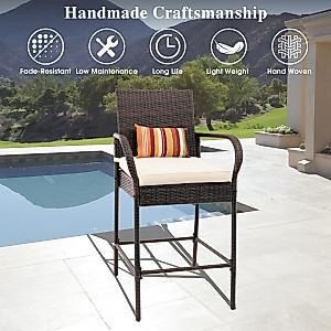 Sundale Outdoor Bar Stools Set of 2, 2 Piece Rattan Bar Stool Wicker Chairs, Patio Bar Height Chair with Arms, Cushion Beige, All-Weather Outdoor Rattan Furniture - Steel, Brown