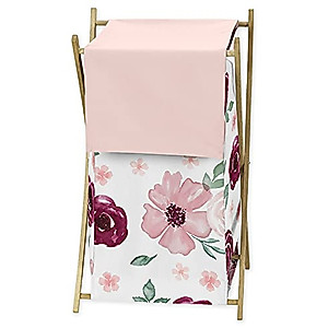 Sweet Jojo Designs Burgundy Watercolor Floral Baby Kid Clothes Laundry Hamper - Blush Pink, Maroon, Wine, Rose, Green and White Shabby Chic Flower Farmhouse