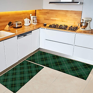 Door Mats Set of 2, Christmas Plaid Buffalo Check Green Black Non-Slip Absorbent Low-Profile Plush Doormats for Entryway, Patio, High Traffic Areas, Indoor and Outdoor Mat, 15.7x23.6 in + 15.7x47.2 in