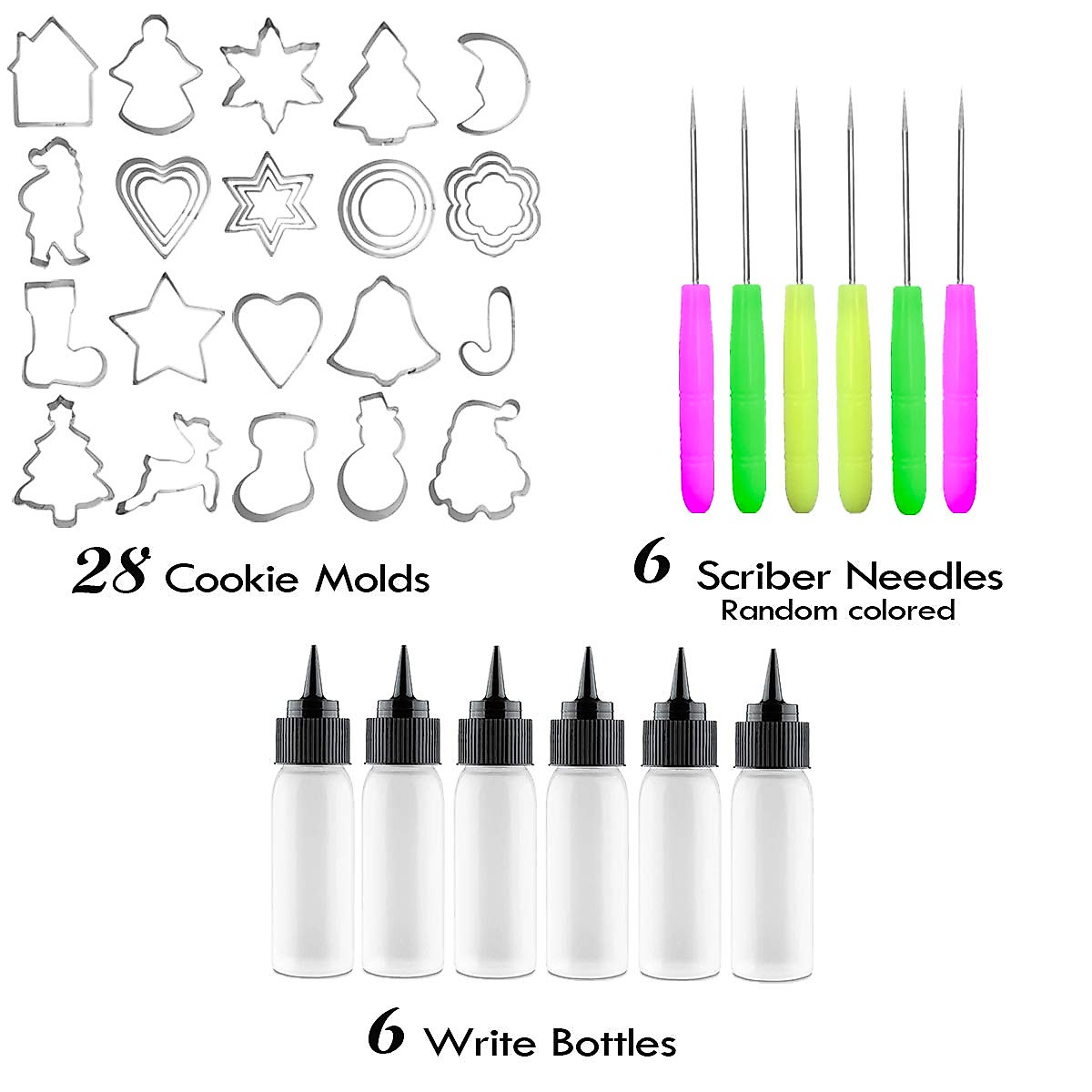 Artcome 40Pcs Christmas Cookie Decorating Tool Set, 28Pcs Cookie Cutters, 6Pcs Easy Squeeze Write Bottles and 6Pcs Sugar Stir Needles, Cookie Decorating Supplies Kit For DIY Cookies and Cakes
