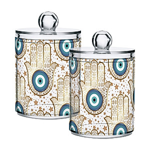 Vnurnrn Evil Eye Hand Clear Plastic Jar Set for Cotton Ball Cotton Swab Cotton Round Pads Floss, Bathroom Canisters Storage Organizer, Vanity Makeup Organizer 2 Pack