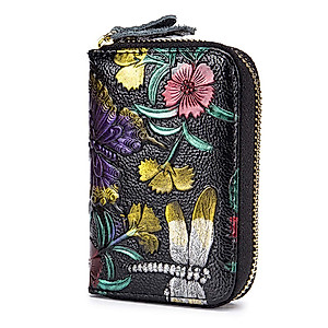 Womens Walllet RFID Blocking Leather Credit Card Wallet Flower Retro Coin Purse Zipper Pockets Card Case Holder (Dragonfly,One Size)