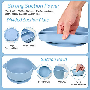BlissBuds Silicone Baby Feeding Set, 15 pieces baby suction plates and bowls set with baby bibs, spoons, forks, sippy cup and teether, baby led weaning supplies set for 6 months + (Blue)