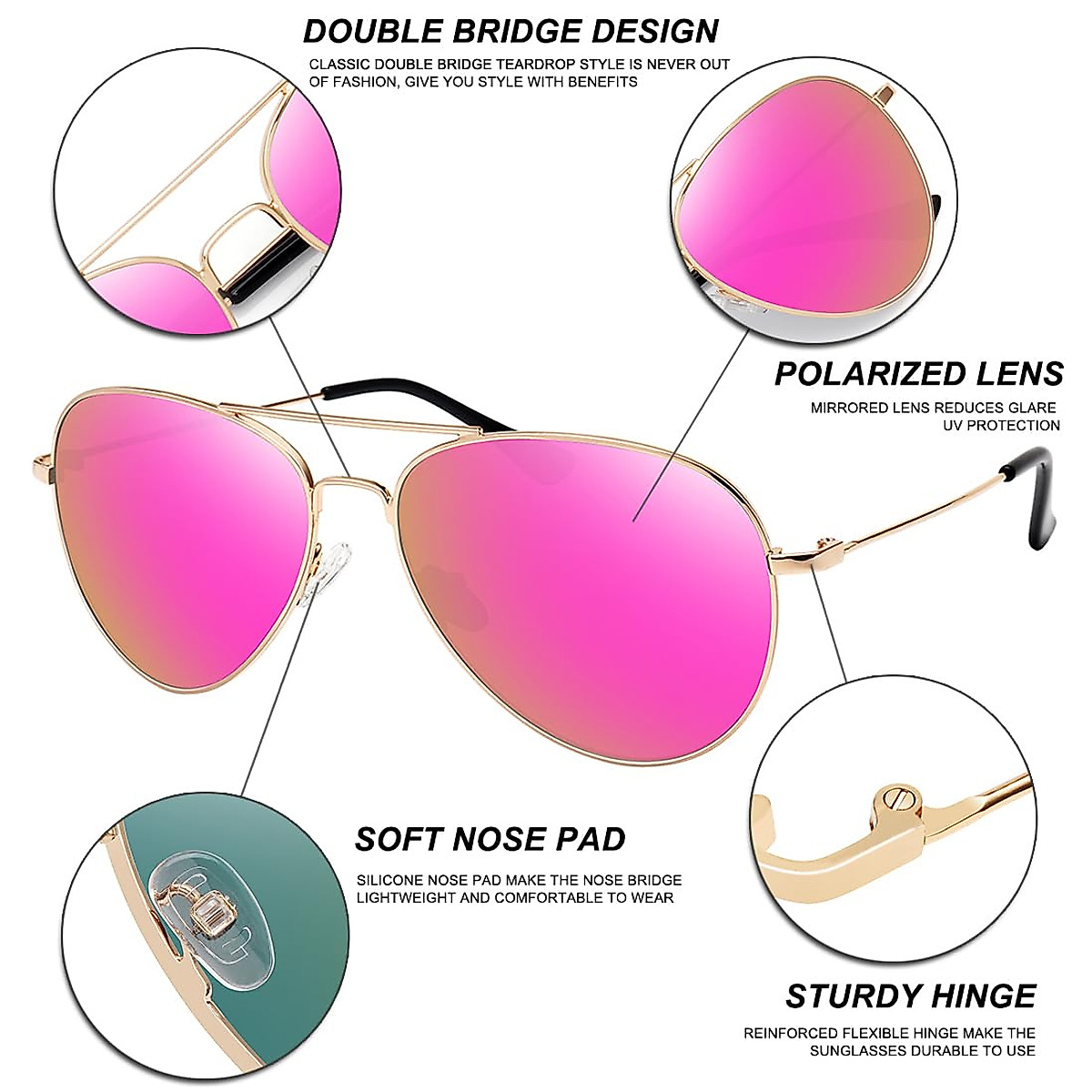 WOWSUN Classic Polarized Aviator Sunglasses for Women Men (Golden Frame Purple Pink Mirrored Lens)