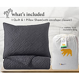 California Design Den Soft 100% Cotton Hand-Quilted Twin/Twin-XL Quilt with Sham, Pure Cotton Fabric & Fill, Charcoal Grey Twin Quilt, Pre-Softened, Diamond Pattern (Charcoal Grey)