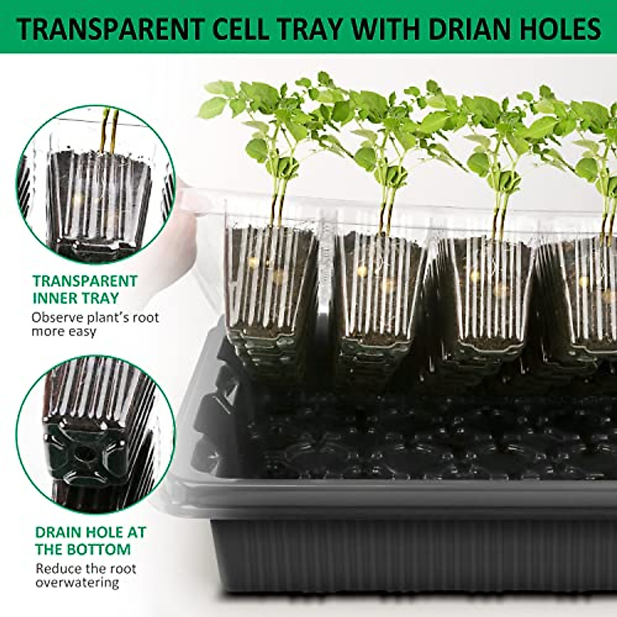 YAUNGEL Seed Starting Trays, XL Thicken Seed Starter Tray Kit with Humidity Dome Durable Growing Trays for Greenhouse & Gardens, 4 Pack 160 Cells, Black
